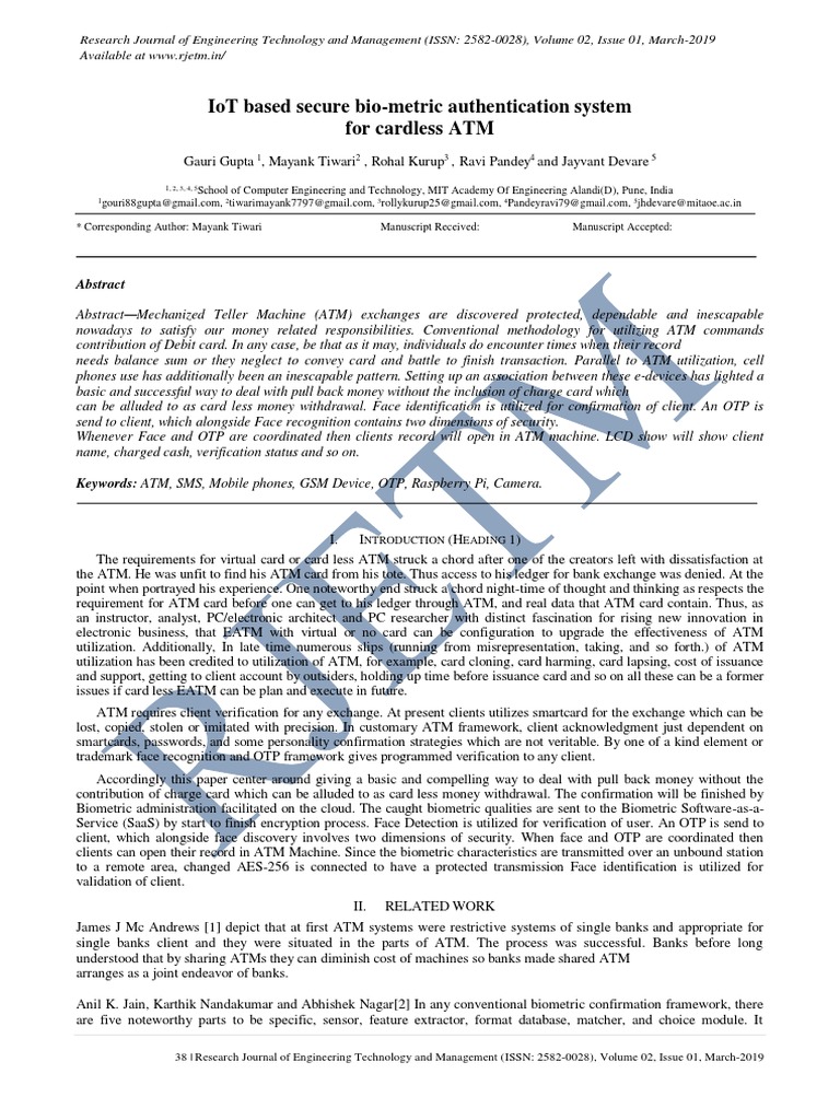 IoT Based Secure Bio-Metric Authentication System PDF | PDF | Automated Teller Machine | Biometrics