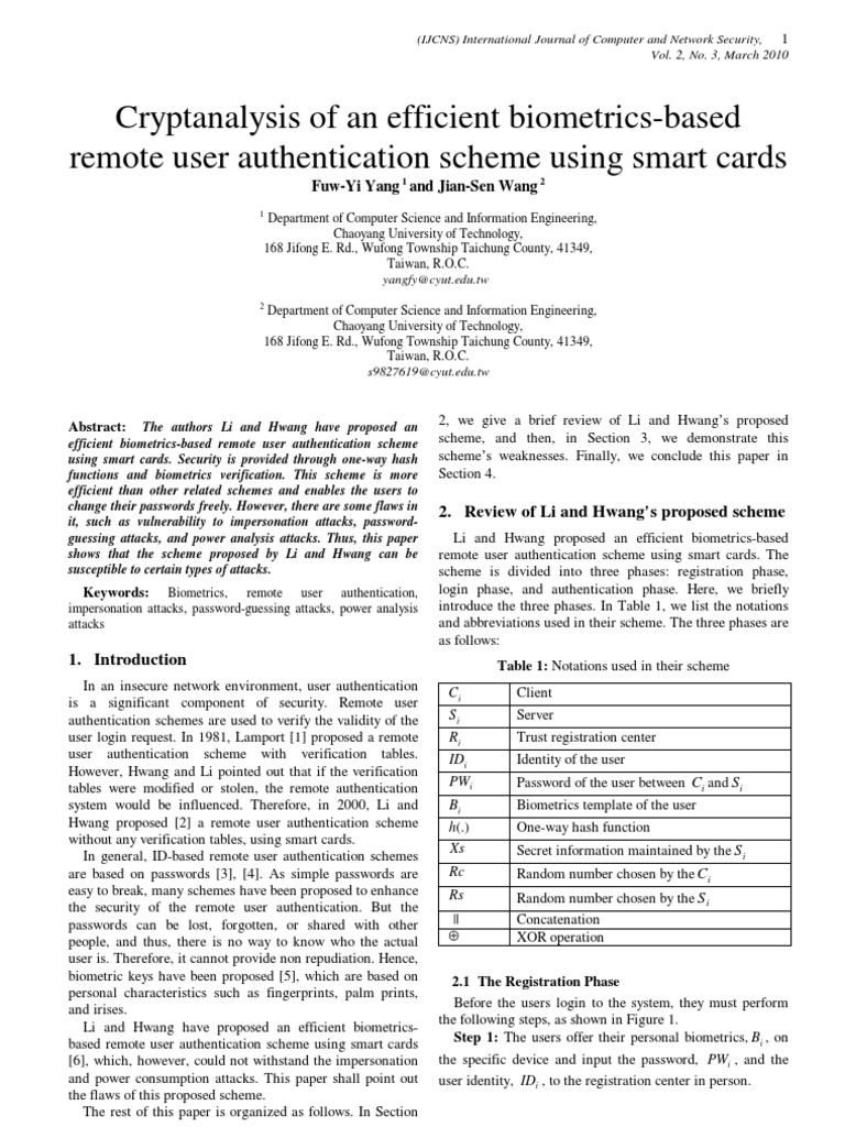 Cryptanalysis of An Efficient Biometrics-Based Remote User Authentication Scheme Using Smart ...
