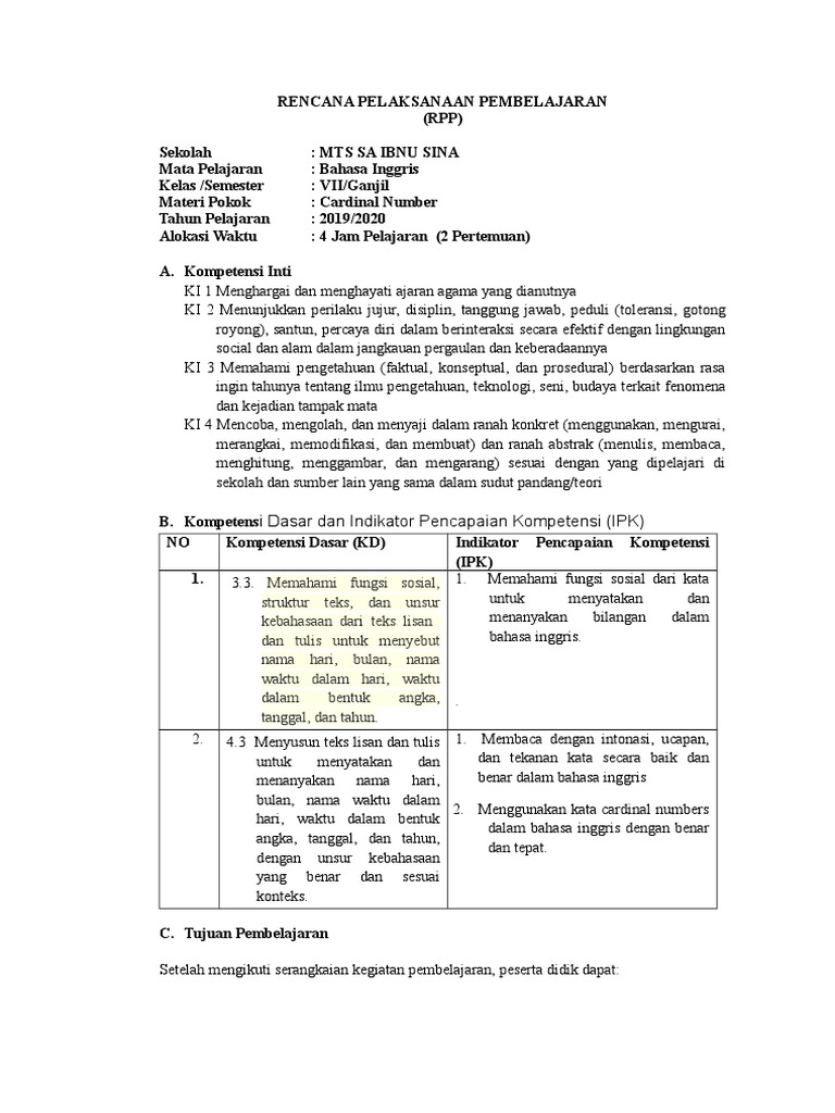 4.Rpp Pertemuan 8 Dan 9 Cardinal Numbers | PDF | Karier & Perkembangan