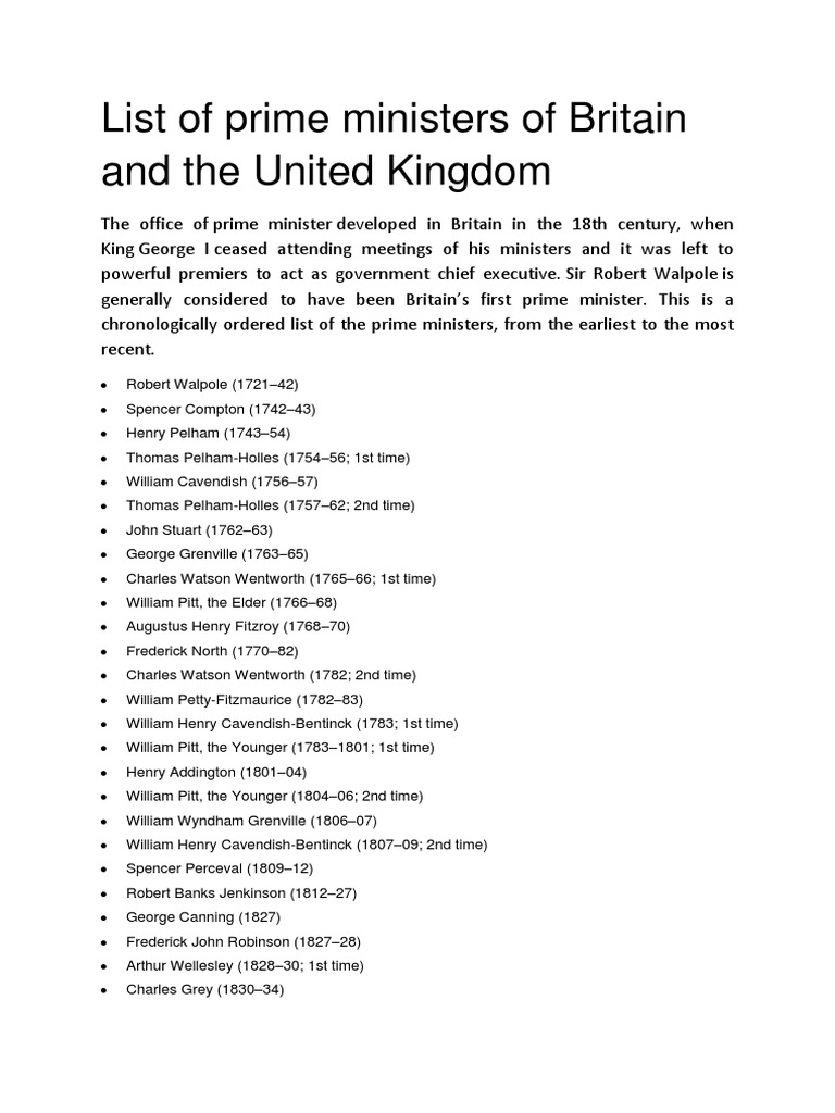 List of Prime Ministers of Britain and The United Kingdom | PDF ...