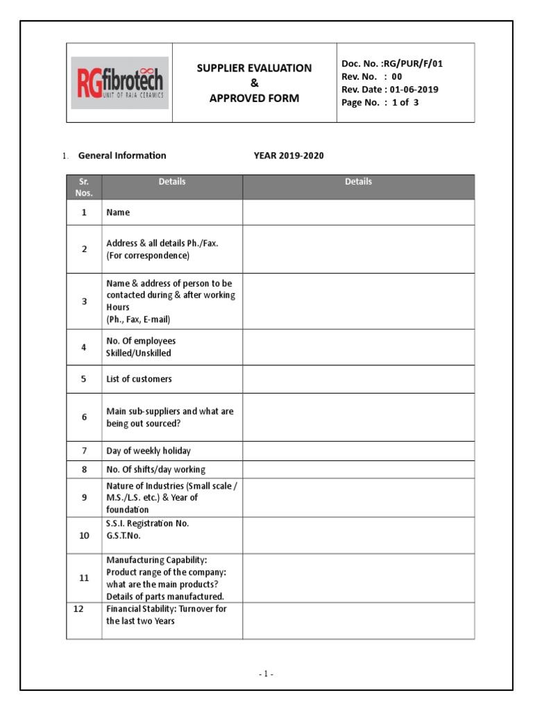 01a.supplier Evaluation Form For Raw Material & Vendor | PDF ...