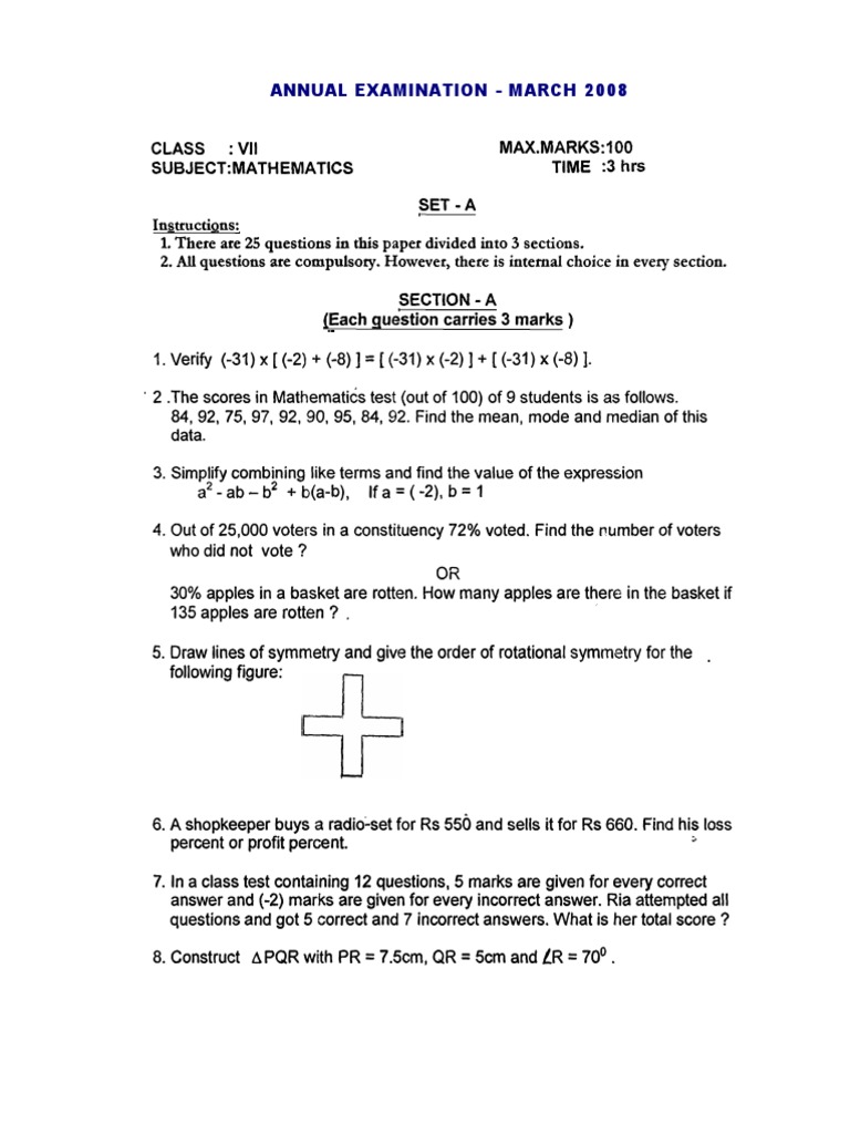 Cbse Question Paper For Class 7 Maths Set 2 | PDF | Elementary ...