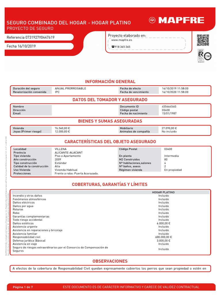 PRESUPUESTO Mapfre Hogar PDF | Descargar gratis PDF | Póliza de seguros | Seguro