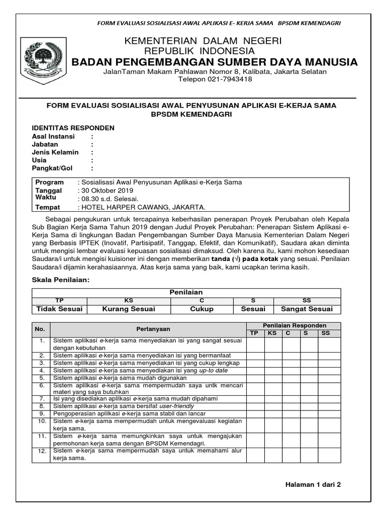 Form Evaluasi Sosialisasi Awal E-Kerja Sama 2019 | PDF