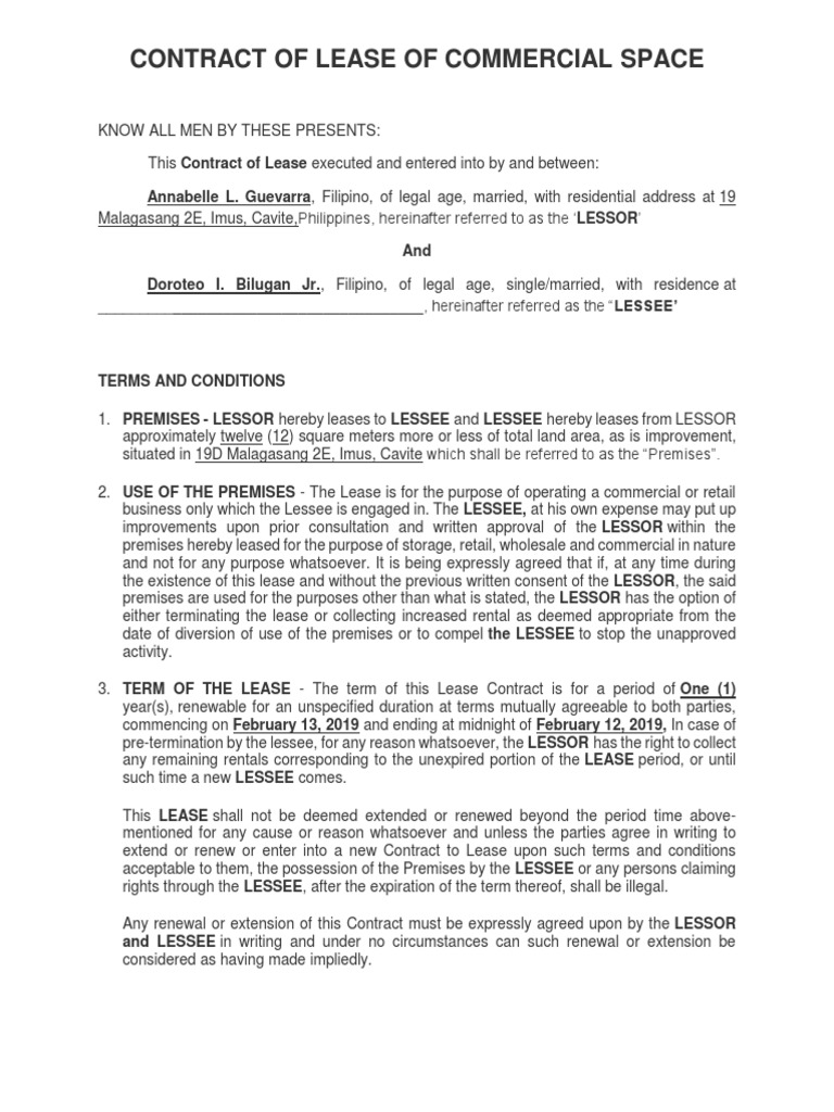Contract Of Lease Of Commercial Space PDF Lease Virtue