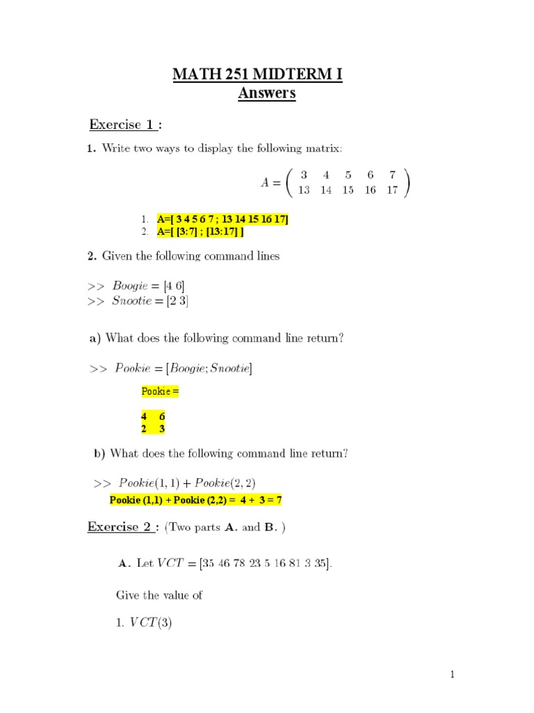 MATH 251 MIDTERM I SOLUTIONS | PDF | Question | Matlab