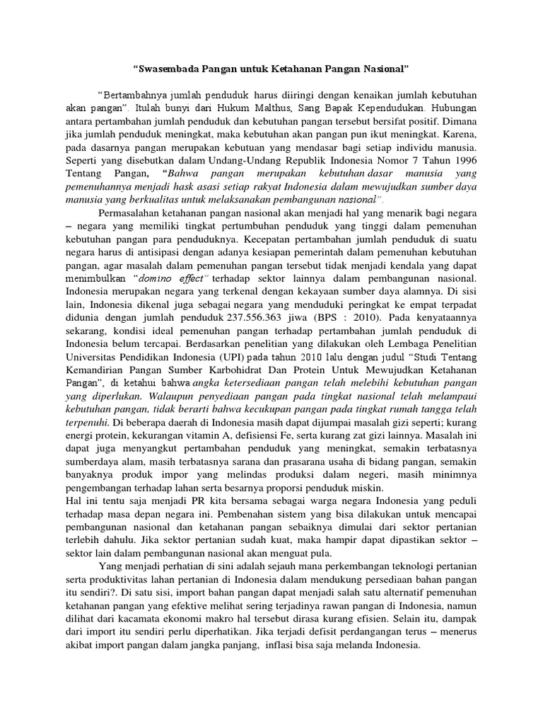 Swasembada Pangan Untuk Ketahanan Pangan Nasional | PDF