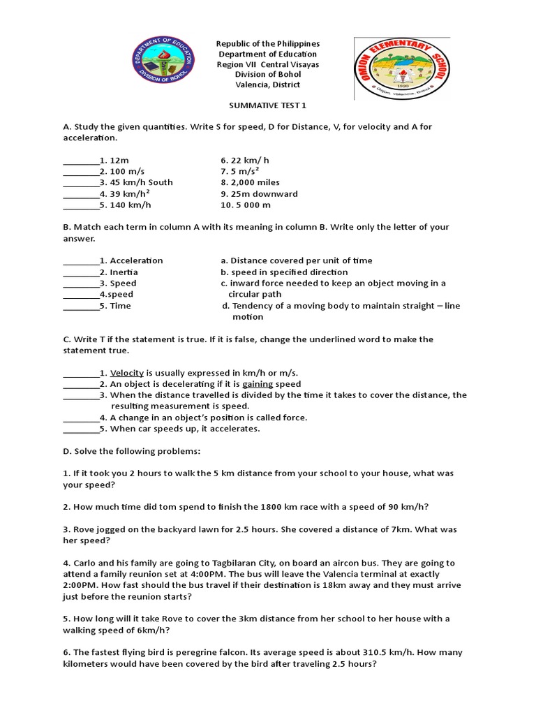 Force and Motion - Summative Test | PDF | Speed | Acceleration
