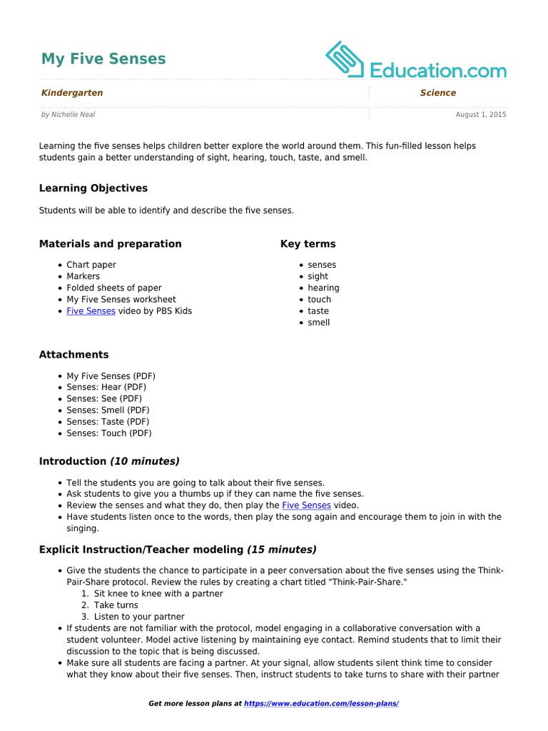 My Five Senses PDF | PDF | Senses | Lesson Plan