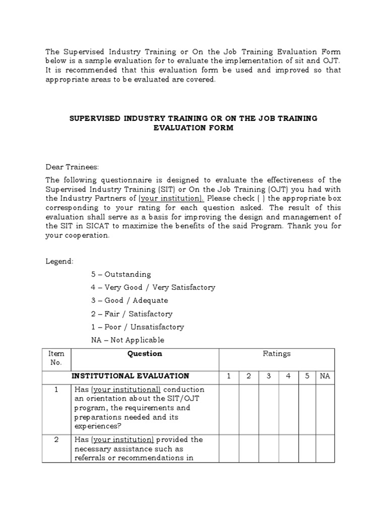 Ojt Evaluation Form Pdf Evaluation Educational Technology