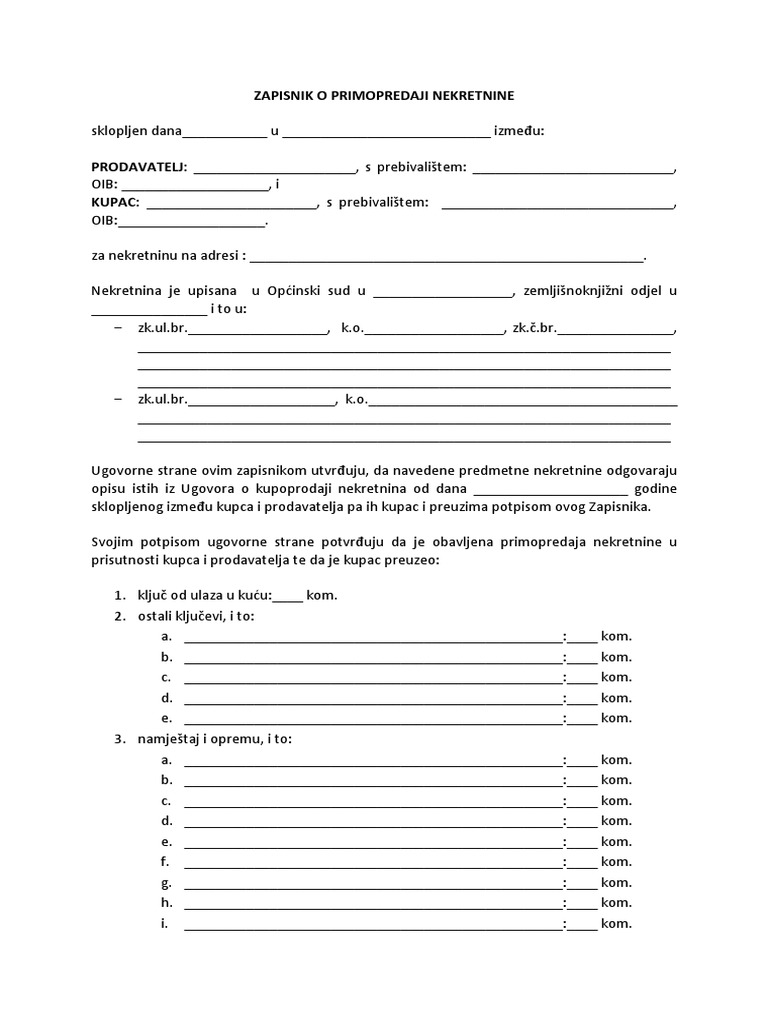 Zapisnik o Primopredaji Nekretnine