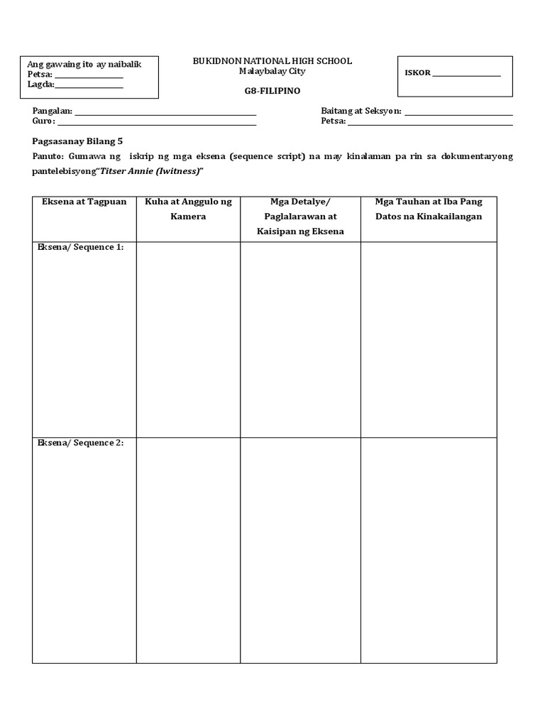 Pagsasanay Bilang 5 (Sequence Script) | PDF