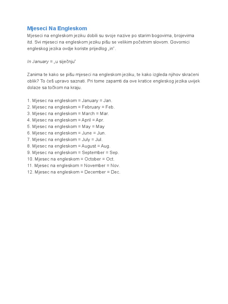 Mjeseci Na Engleskom | PDF