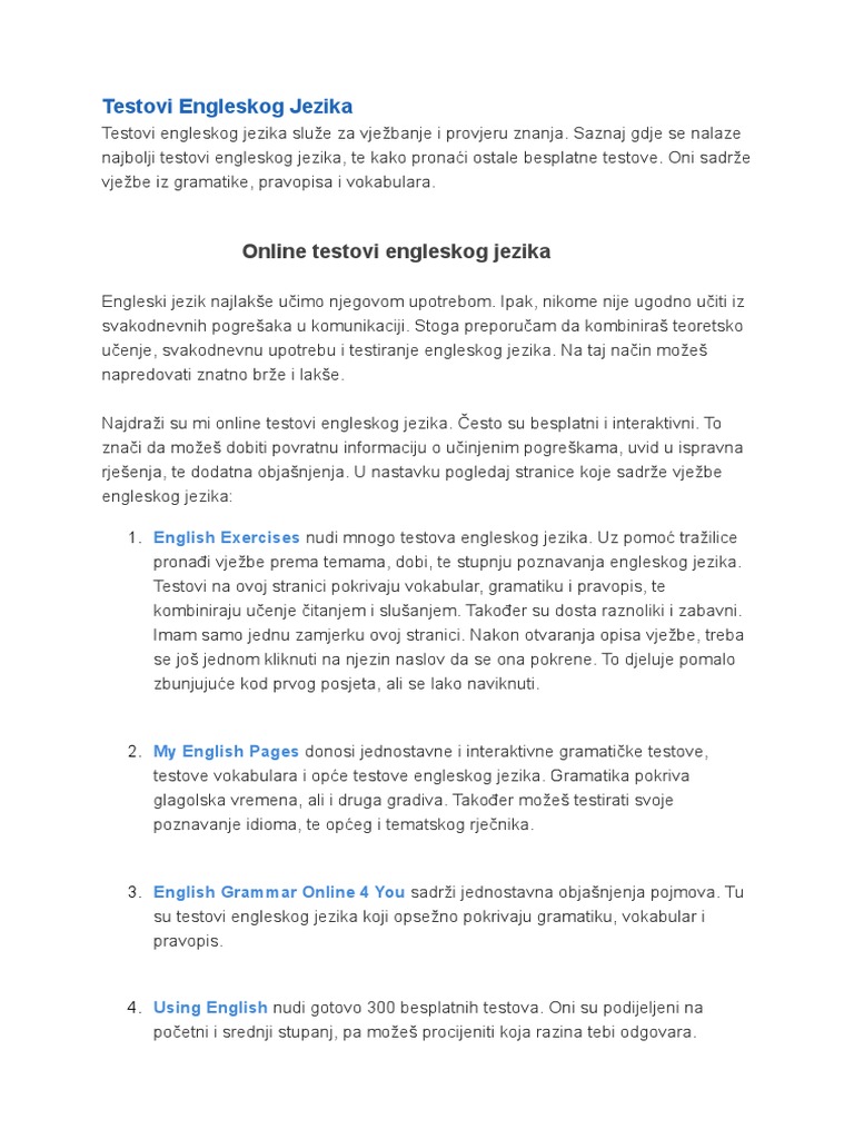 Testovi Na Engleskom Jeziku | PDF