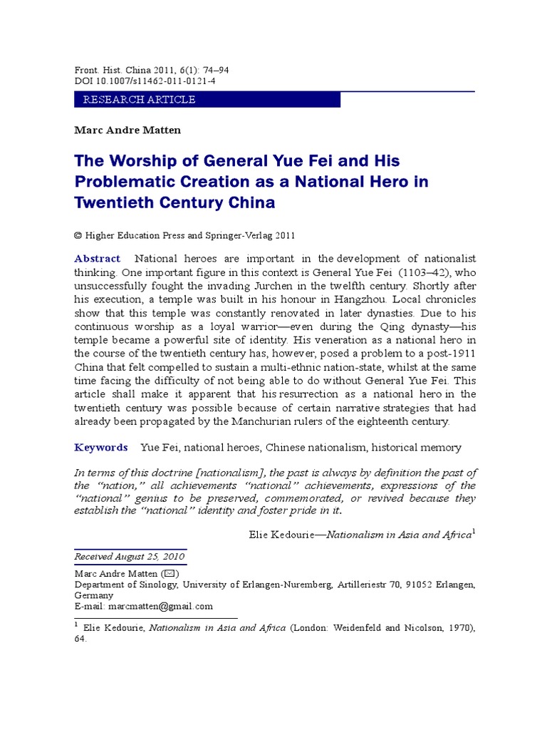 Worship of General Yue Fei and His Problematic Creation As A National ...