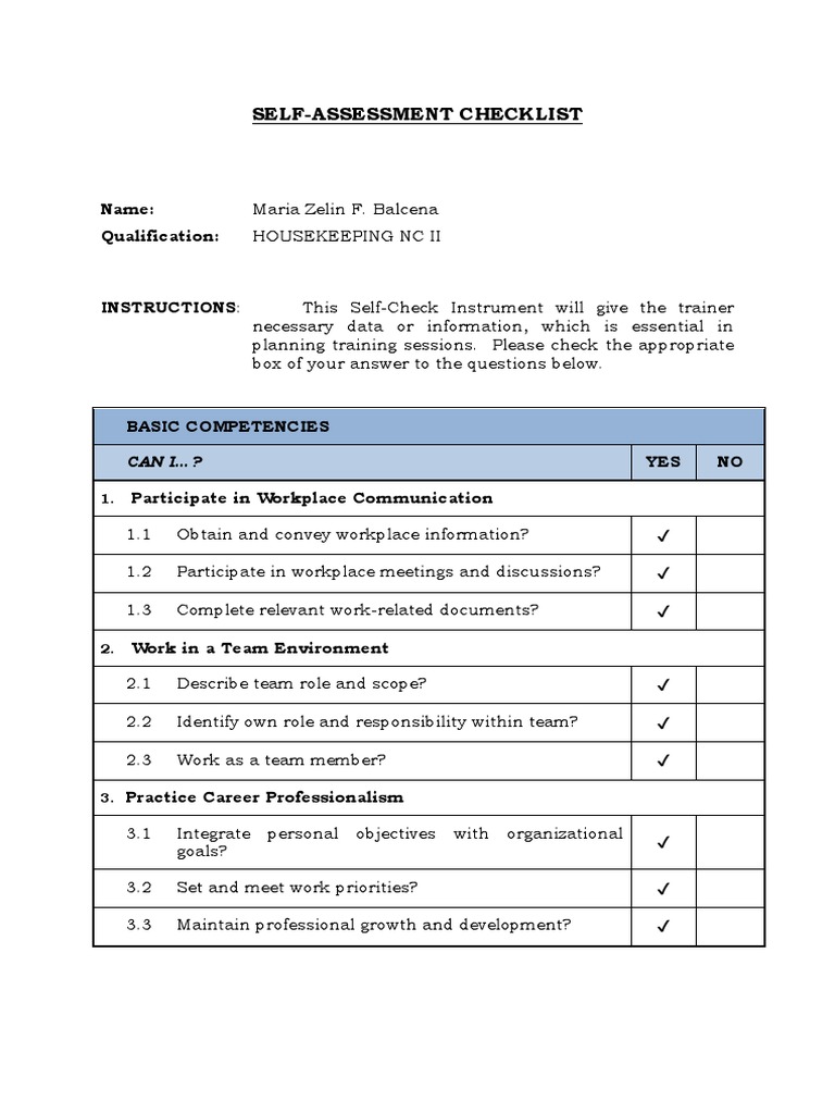 Self Assessment Checklist of Trainee | PDF | Occupational Safety And ...