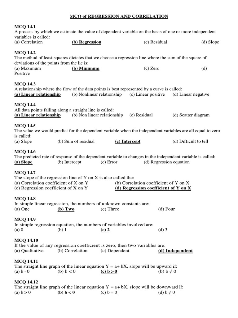 Mcq Regression And Correlation With Correct Answers Pdf Correlation And Dependence Errors
