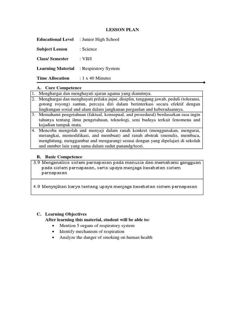 Lesson Plan Respiration | PDF | Lung | Respiratory System