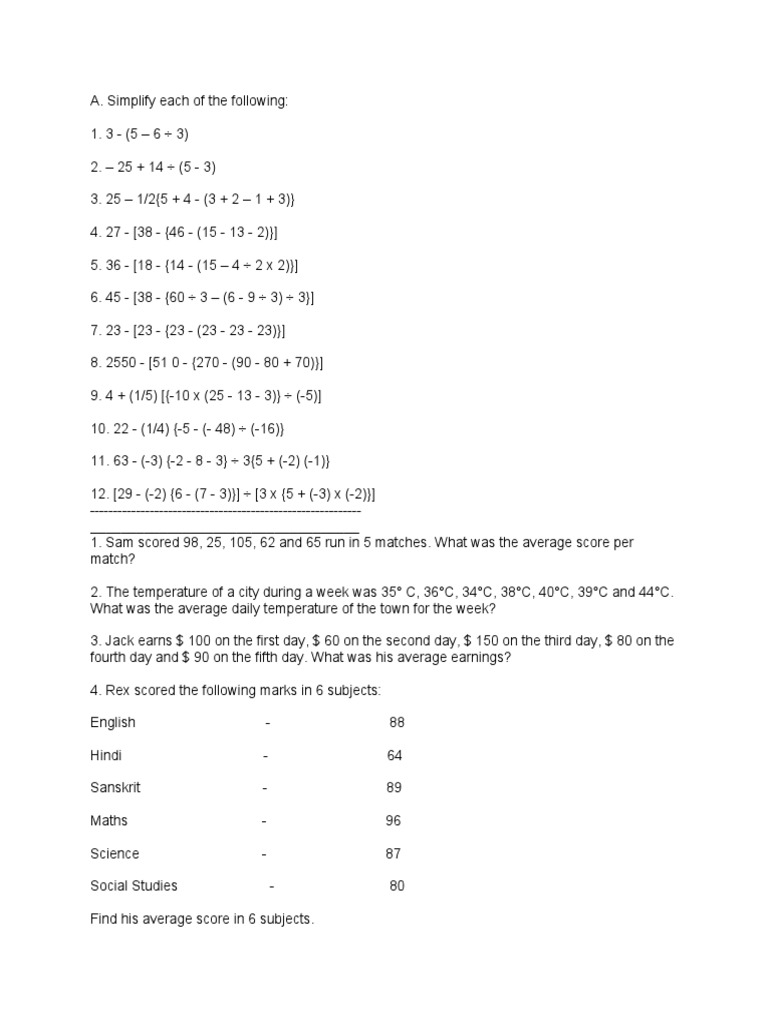 Bodmas and Average Combined Maths Worksheet | PDF | Teaching Methods & Materials