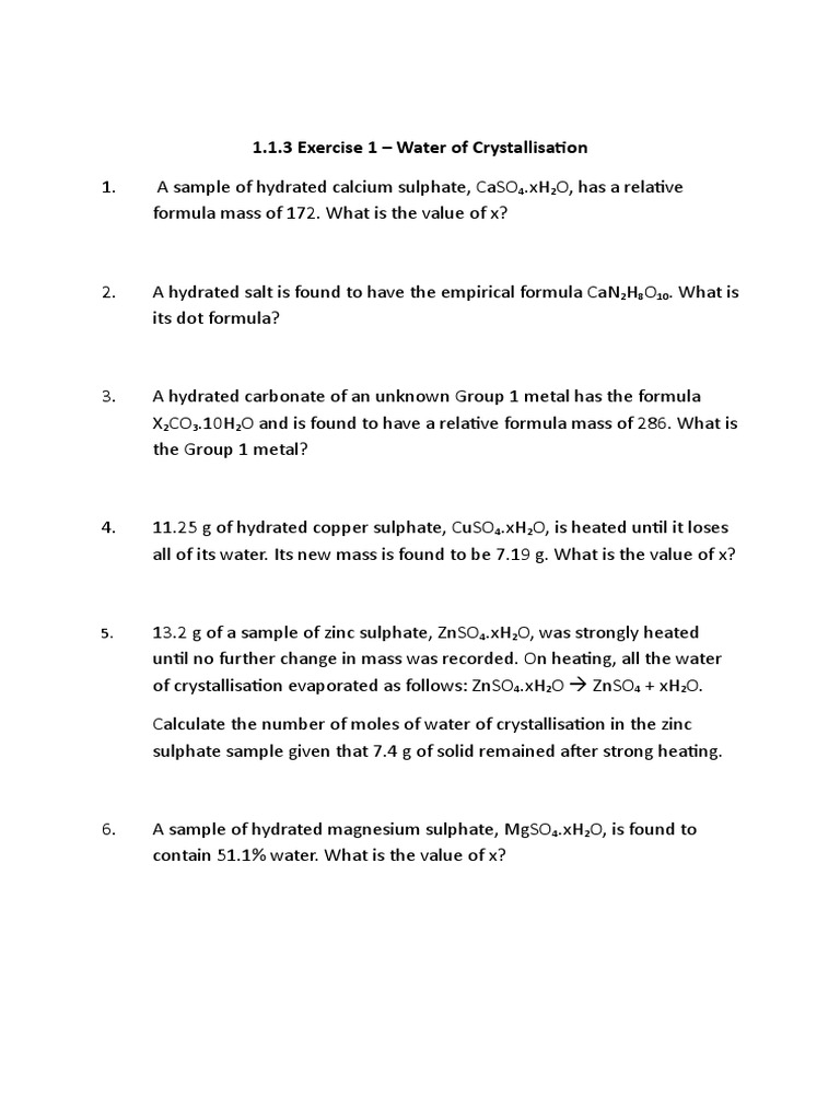 Water of Crystallization Exercises | PDF | Science & Mathematics ...