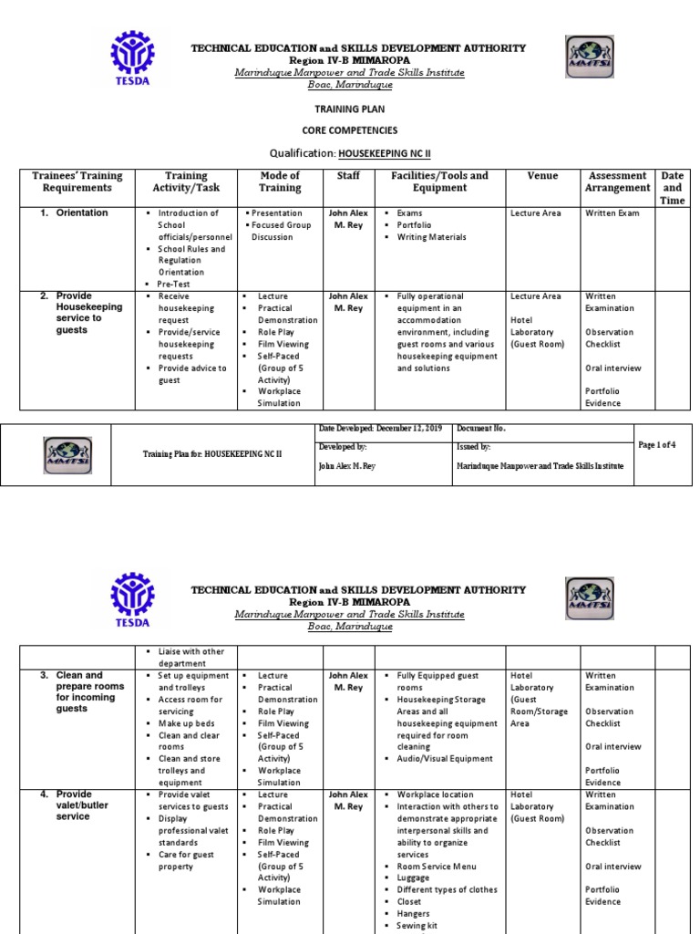 TRAINING PLAN Housekeeping NCII Draft | PDF | Laundry | Laboratories