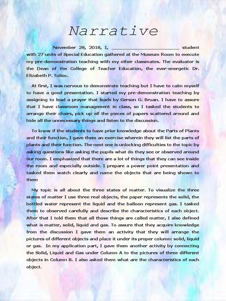 Narrative and Reflection in Demo Sample | PDF | Classroom Management ...