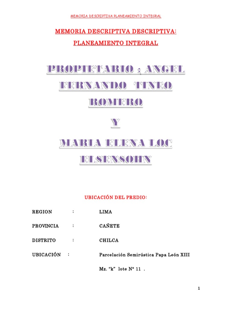 Memoria Descriptiva Angel Tineo K-11 | PDF | Calle | Agua