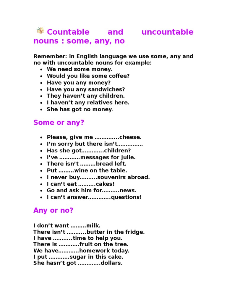 Countable and Uncountable Nouns Some Any No Grammar Drills Grammar ...