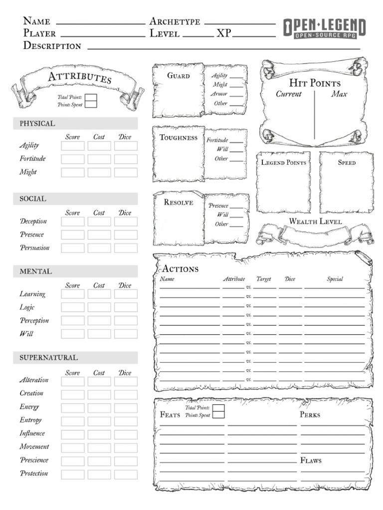 Open Legend Printable Character Sheet | PDF