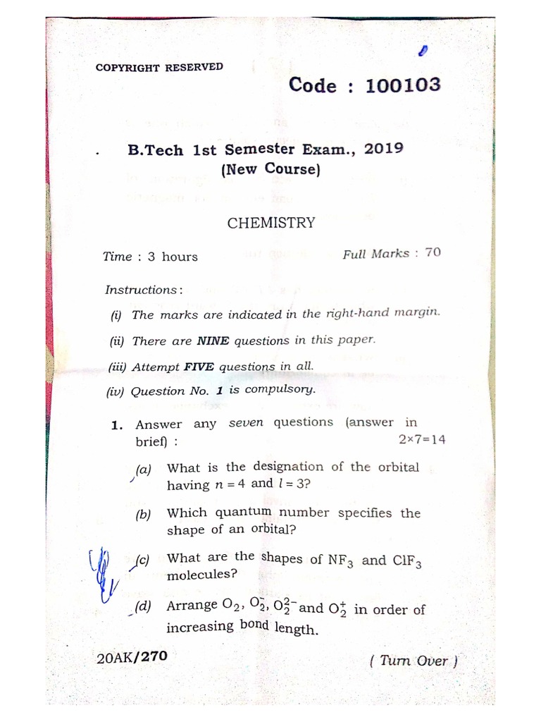 Chemistry 100103 Aku Btech 1st Semester 2019 | PDF Chemistry 100103 Aku Btech 1st Semester 2019 | PDF