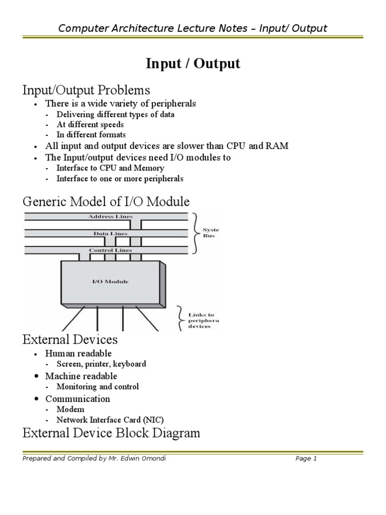 Computer Architecture Lecture Notes Input Output Pdf Inputoutput Central Processing Unit