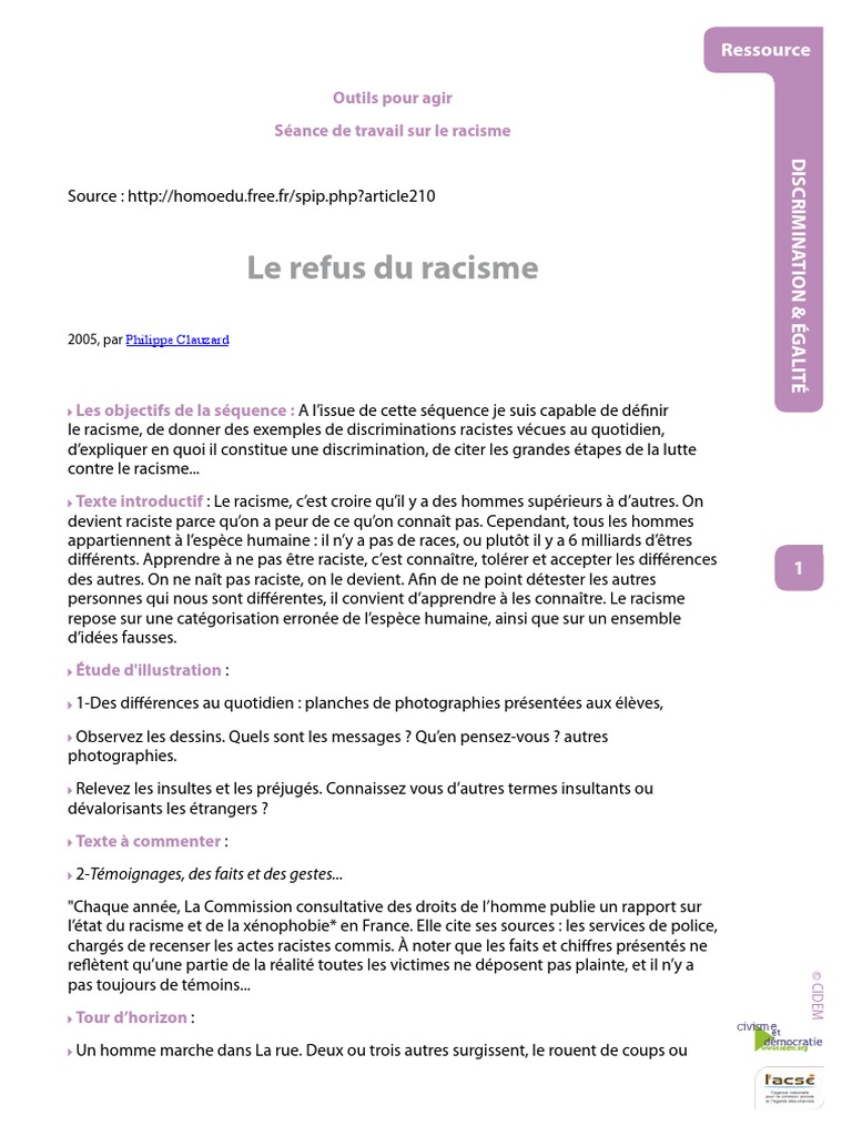 Fiche Enseignant Seance de Travail Sur Le Racisme PDF | PDF | Racisme ...