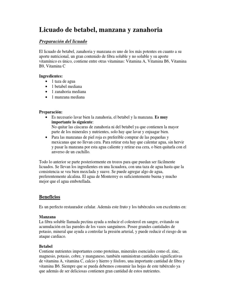 Licuado de Betabel Manzana y Zanahoria | PDF | Vitamina a | Nutrientes