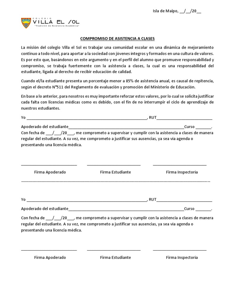 Carta Compromiso Asistencia | PDF | Aprendizaje | Modificación de ...
