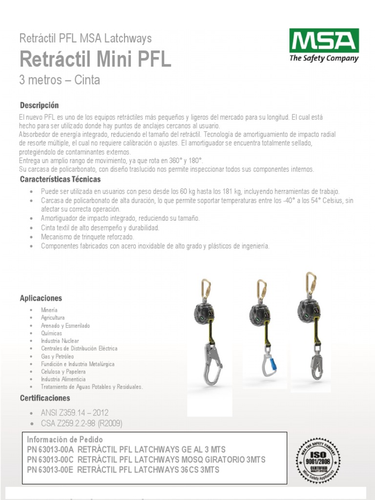 Ficha Proveedor Retractil Msa PFL 3 Mts Cinta Gancho Chico 36cs 111842 ...