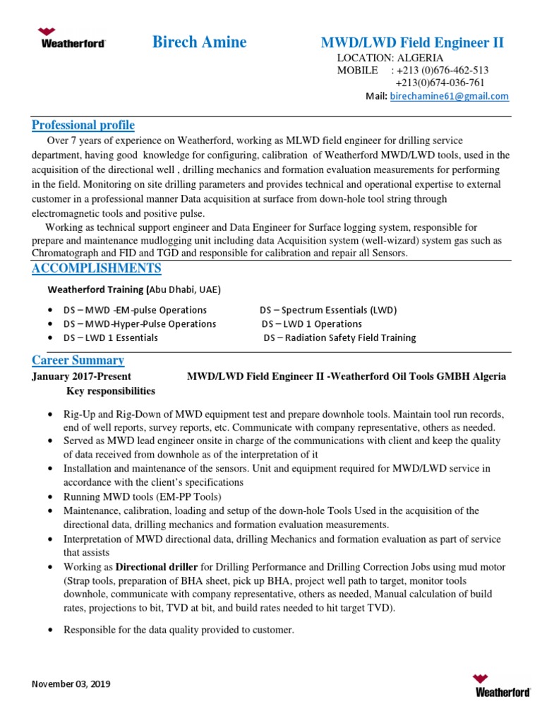 MWD/LWD Field Engineer Profile - Algeria | PDF