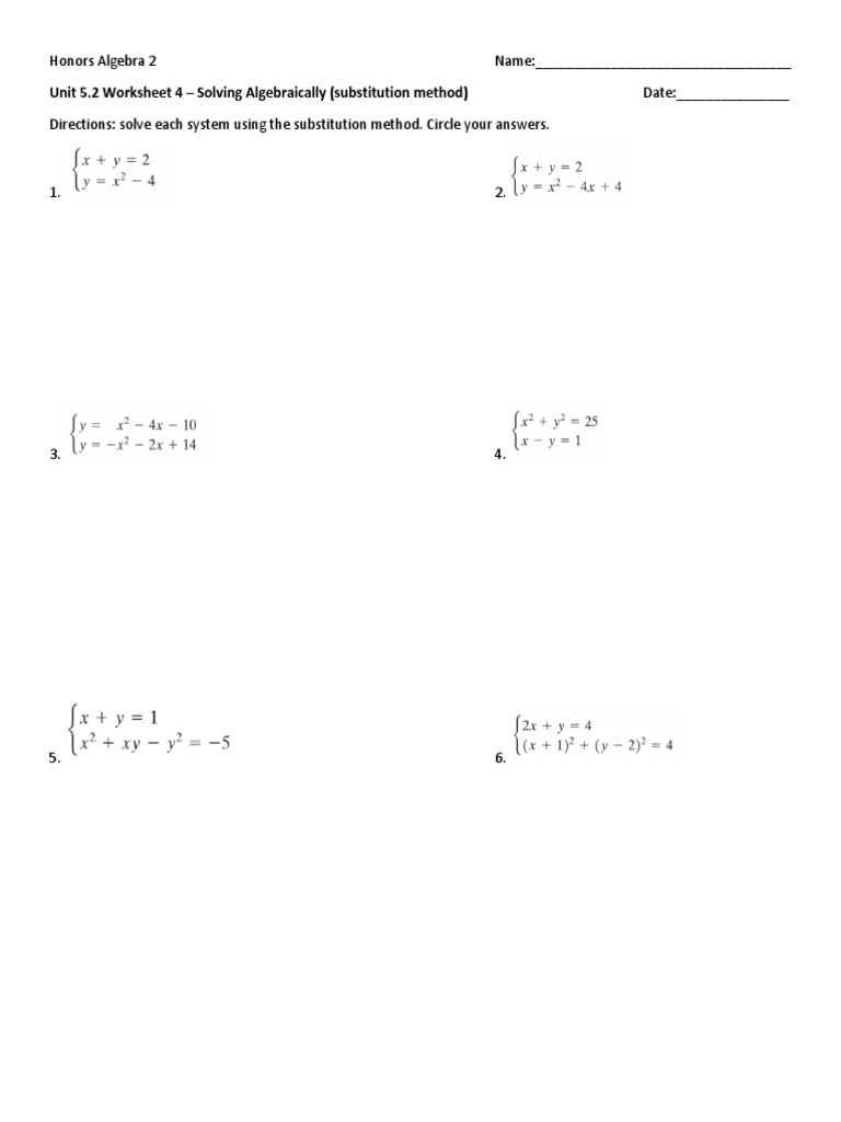 Unit 5.2 Worksheet 4 - Solving Nonlinear Systems W Substitution | PDF