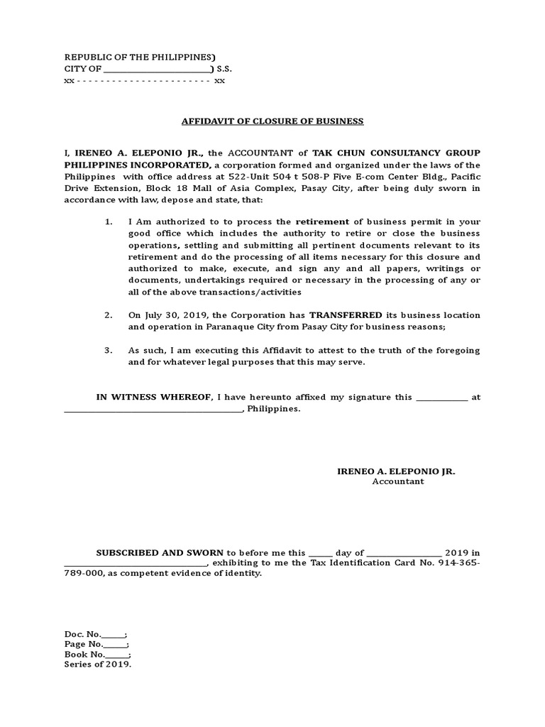 Notarized AFFIDAVIT OF CLOSURE - TCC | PDF
