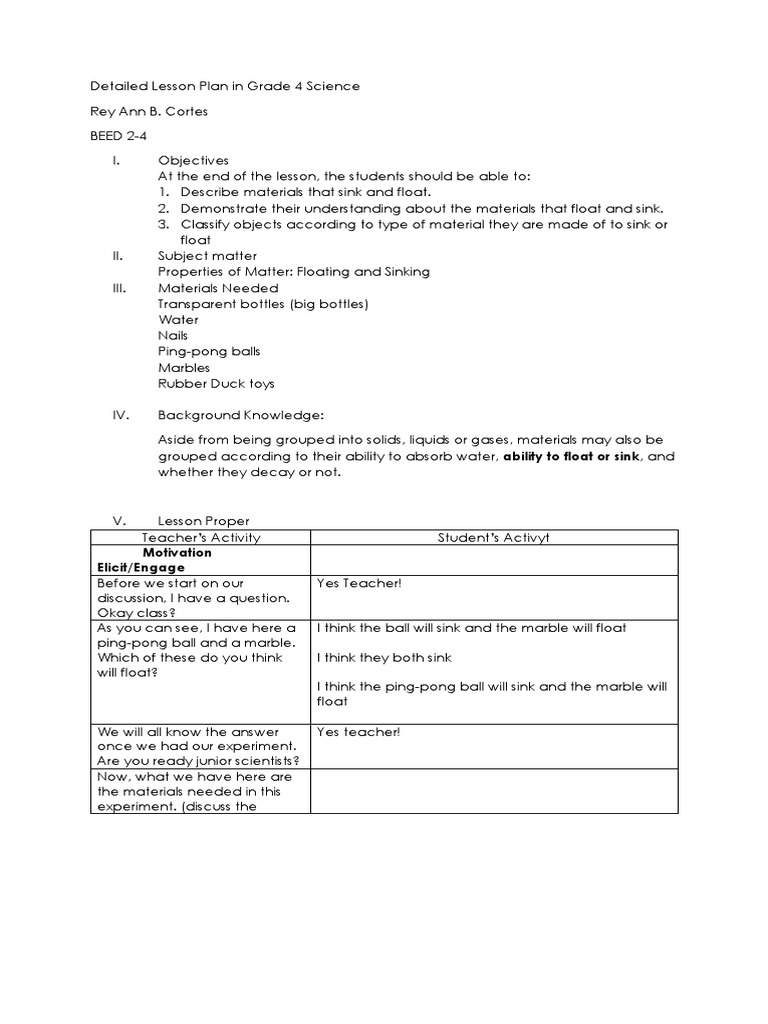 Detailed Lesson Plan In Grade 4 Science Pdf Lesson Plan Sink