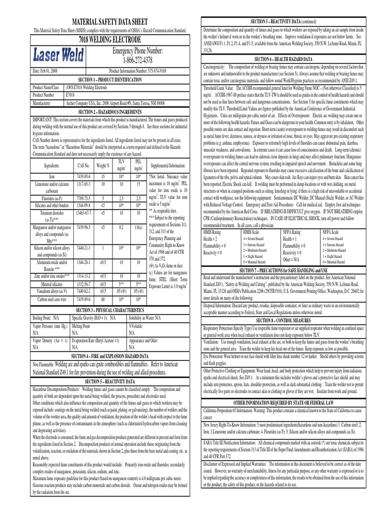 MSDS E7018 | PDF | Welding | Construction