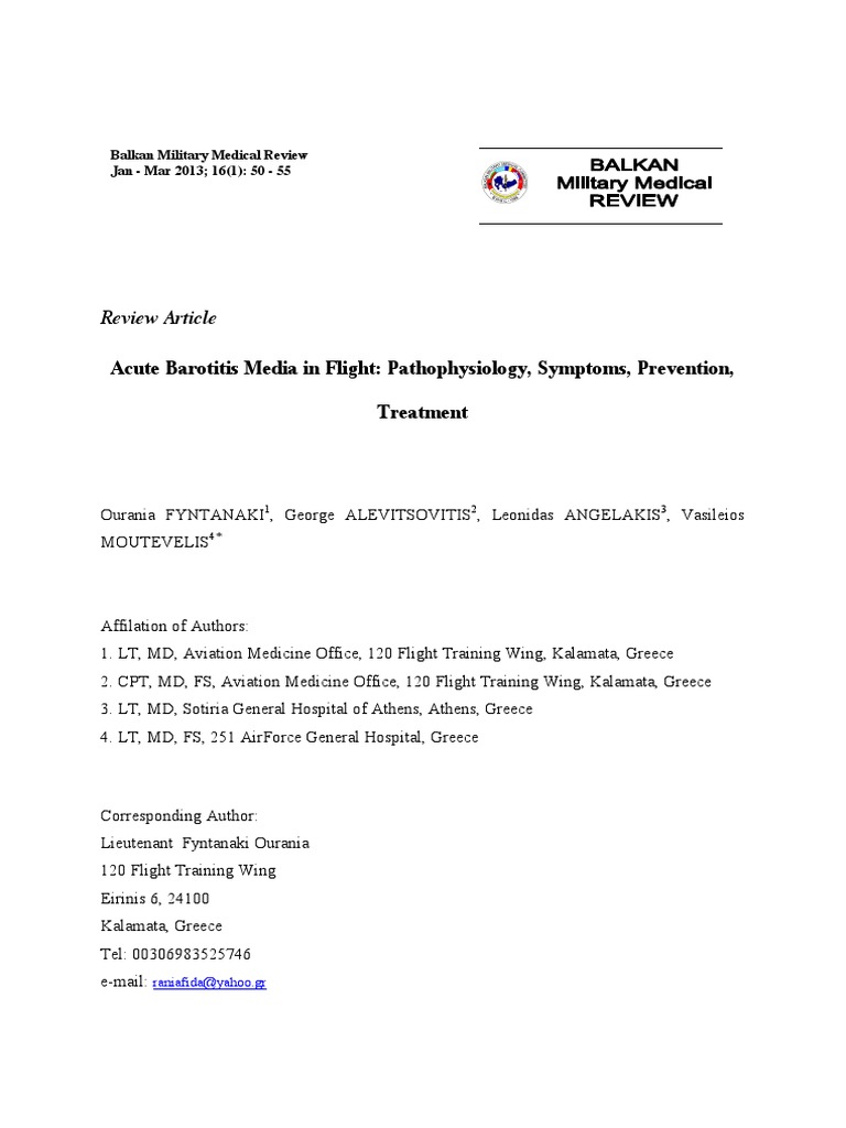 Acute Barotitis Media in Flight: Pathophysiology, Symptoms, Prevention ...