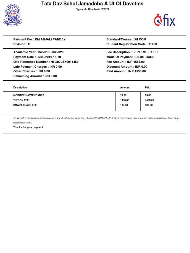 Qfix Payment Receipt H628oc8x0011450 PDF | PDF