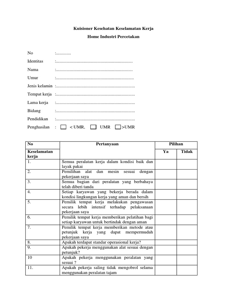 Kuisioner Kesehatan Keselamatan Kerja | PDF