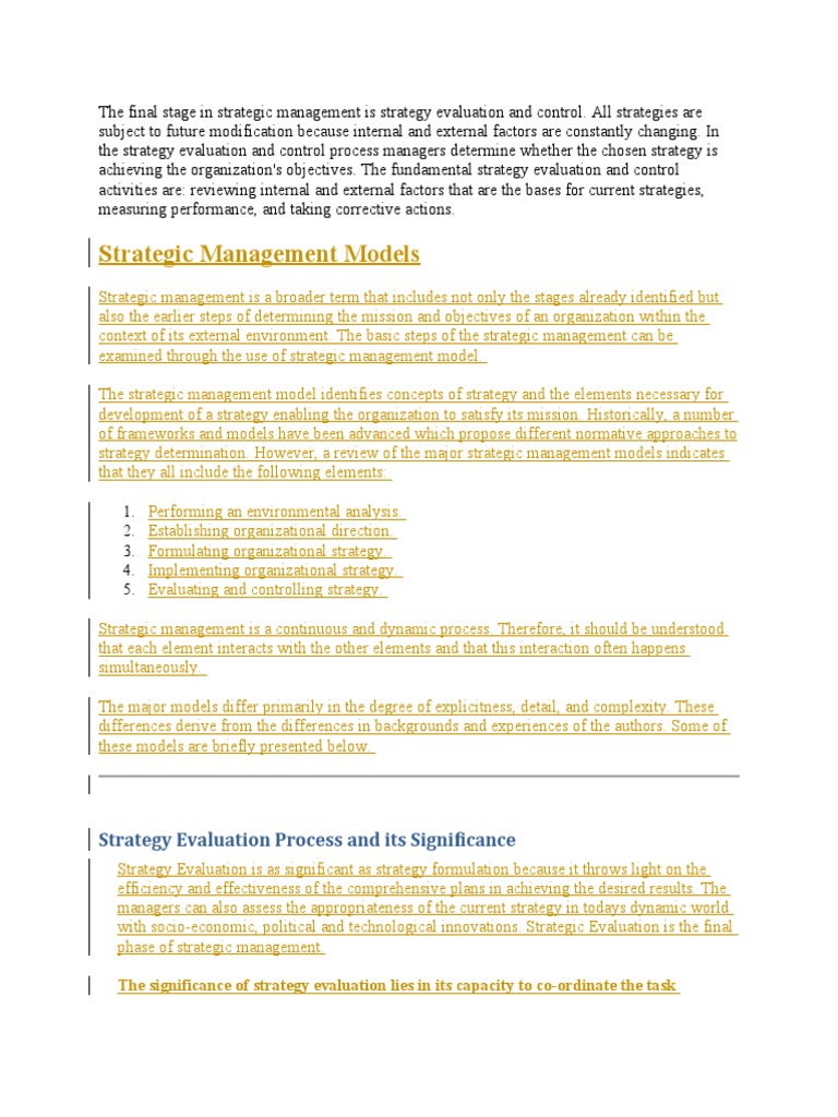 Strategic Management Models: Strategy Evaluation Process and Its ...