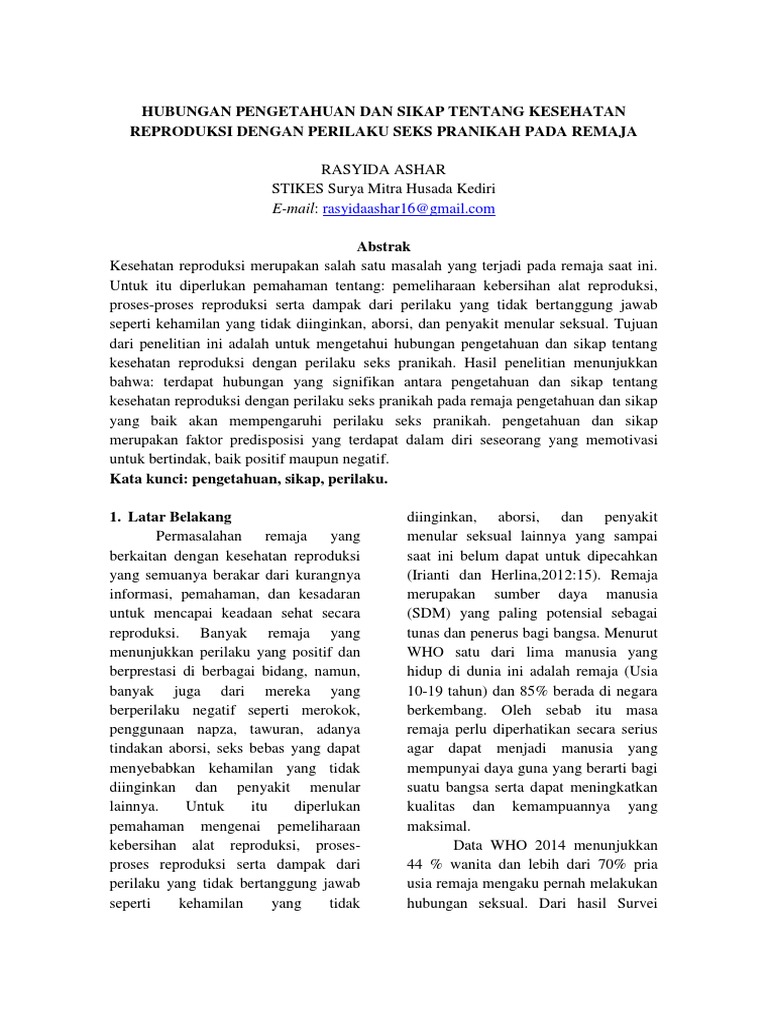 Hubungan Pengetahuan Dan Sikap Tentang Kesehatan Reproduksi Dengan Perilaku Seks Pranikah Pada ...