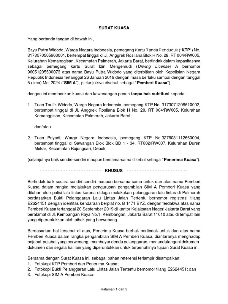 Surat Kuasa Pengambilan Tilang (2019-10-28) | PDF