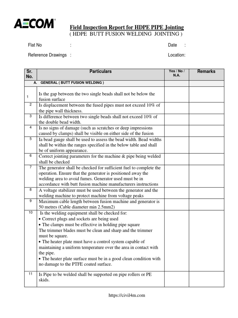 Check List For HDPE BUTT Weld Jointing | PDF | Pipe (Fluid Conveyance ...
