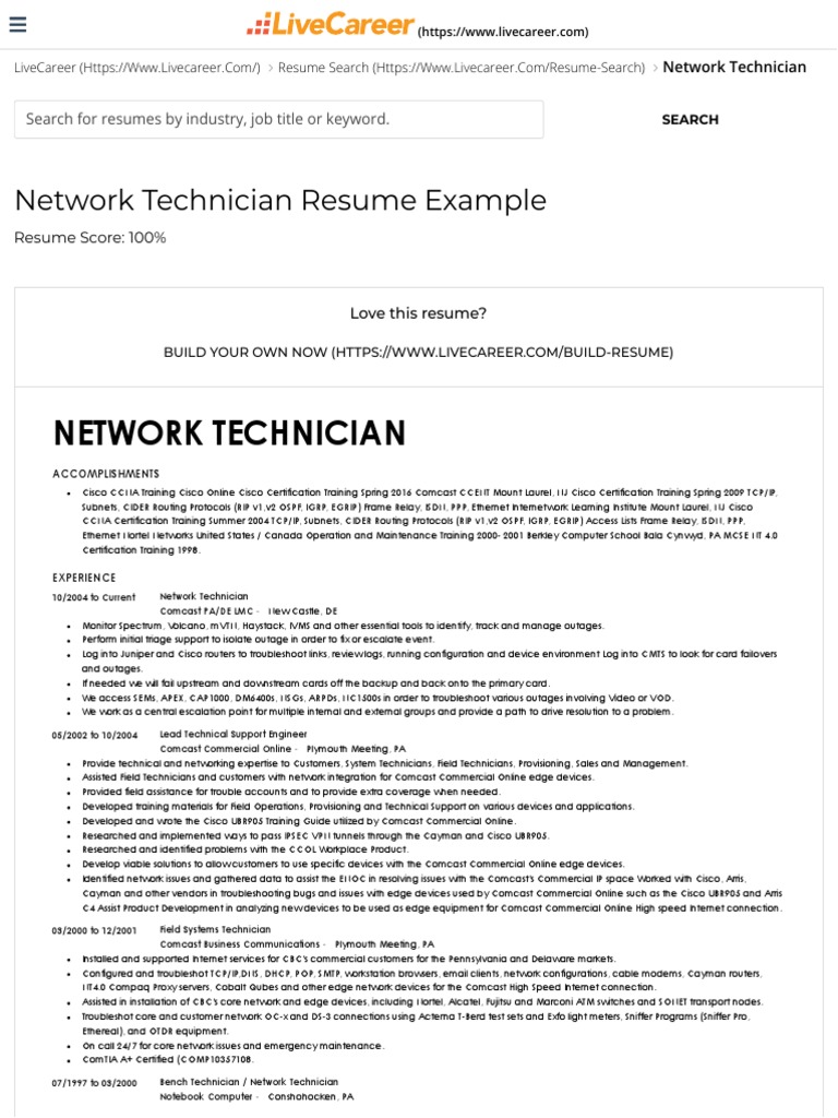 Network Technician Resume Example Comcast PA - DE LMC - Plymouth ...