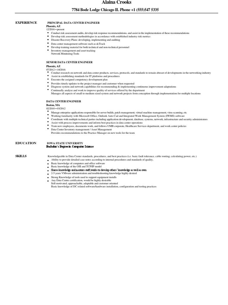 Data Center Engineer Resume Samples - Velvet Jobs | Download Free PDF ...