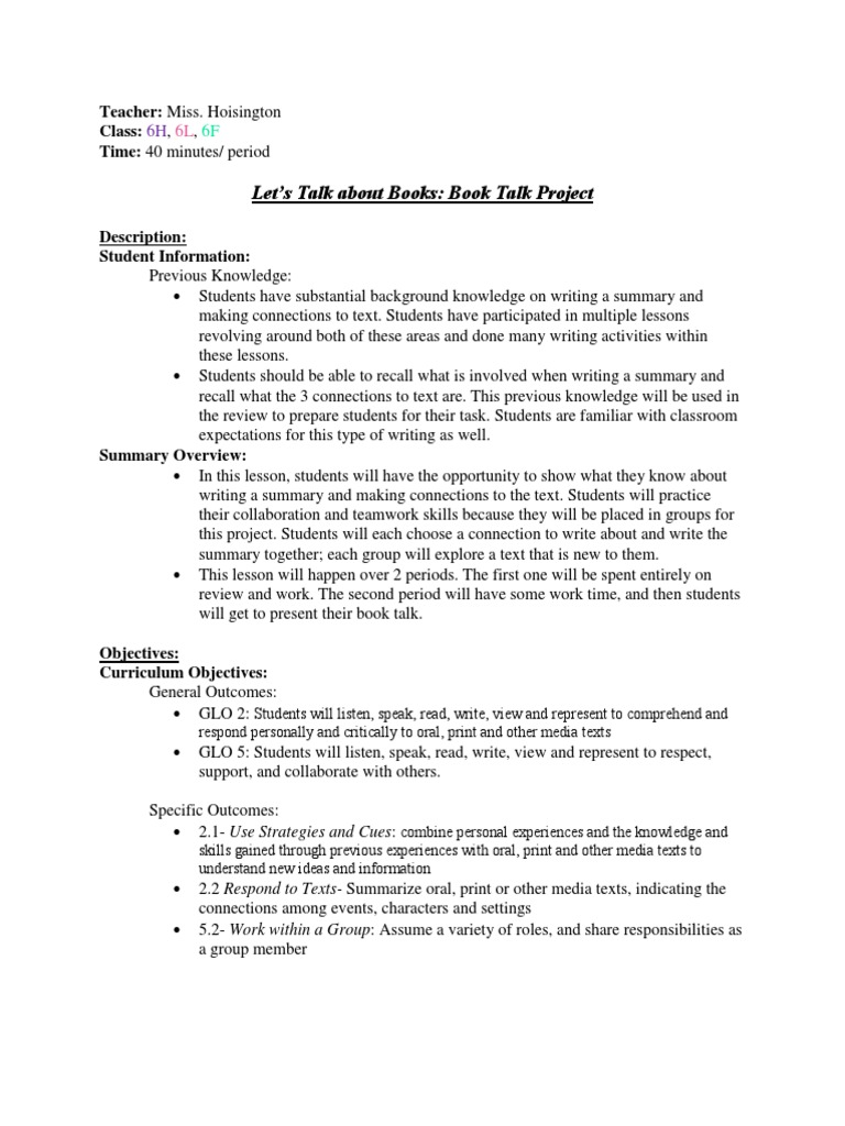 Book Talk Lesson For Portfolio | PDF | Learning Styles | Cognitive Science
